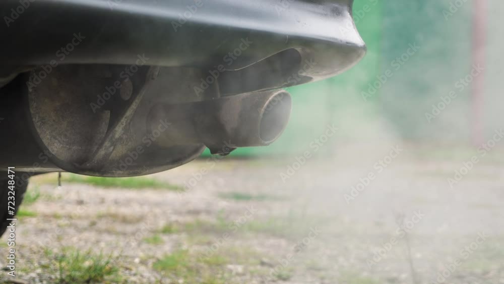 Combustion smoke coming out of a car exhaust pipe. Exhaust fumes in the ...