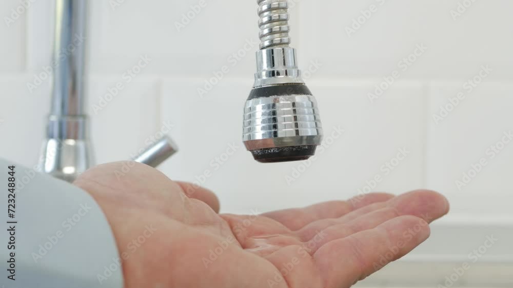 Man Checking Water Leaking and a Defective Faucet. A Hand Collecting ...