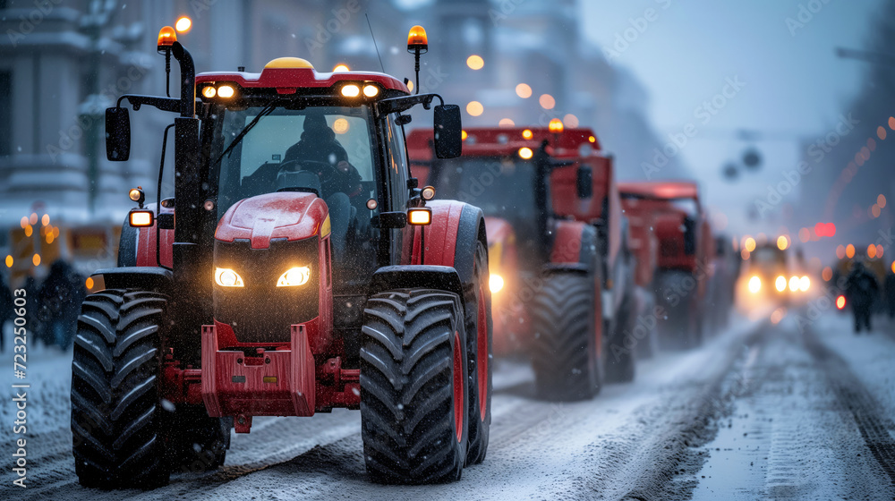 Tractors vehicles blocks city road traffic. Farmers' strike in Europe ...