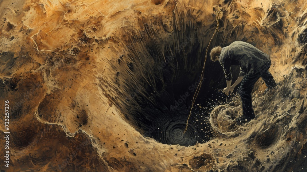 man digging into an earth pit and pouring gold, in the style of ...