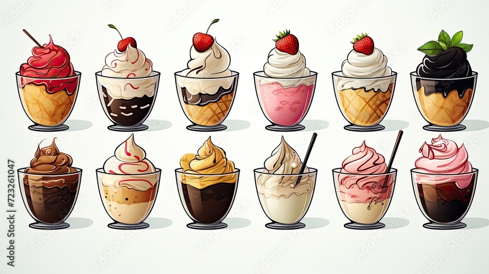 Ice cream in glasses creative cartoon illustration. Concept art menu ...