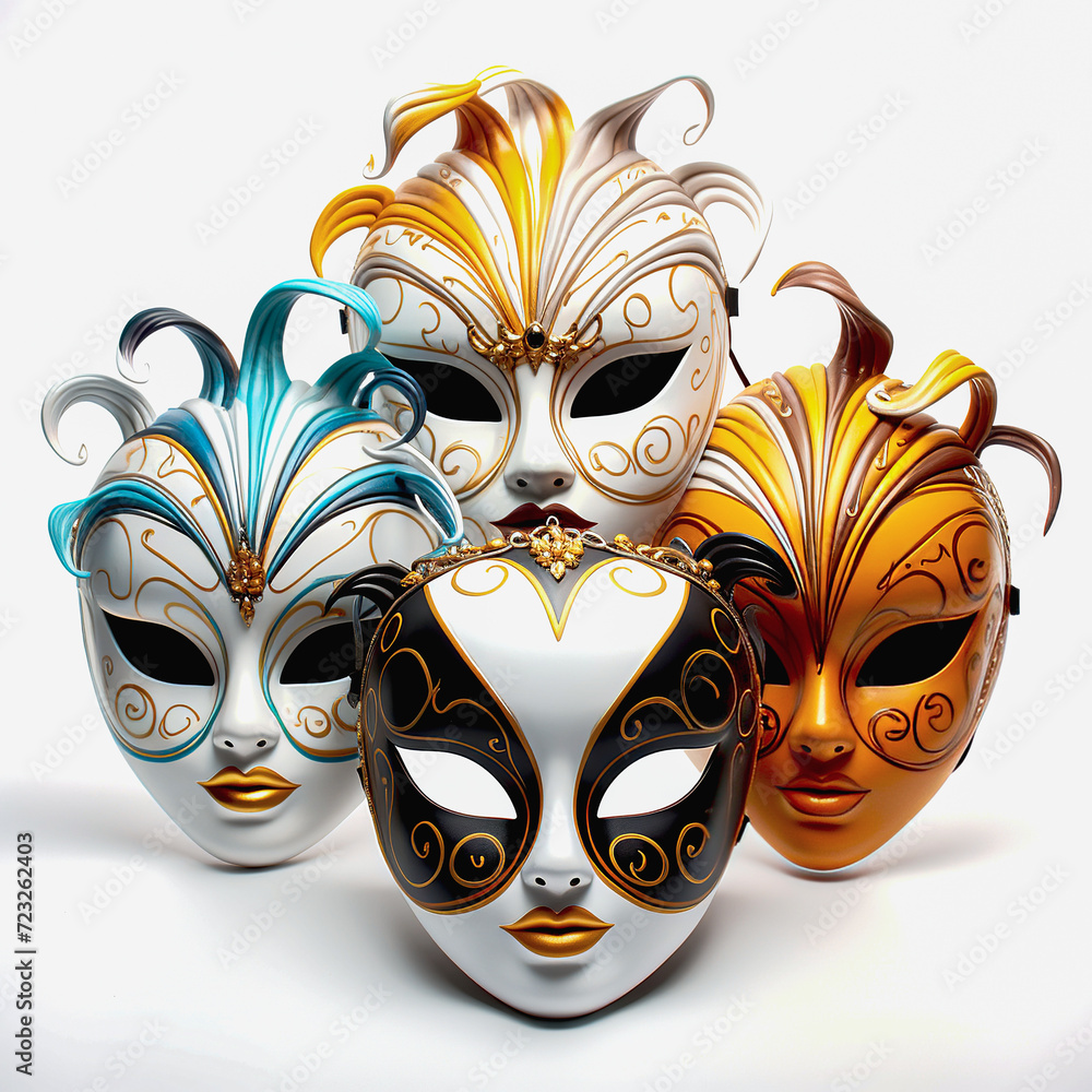 Various bright carnival masks. Concept of acting and entertaiment. Ai ...