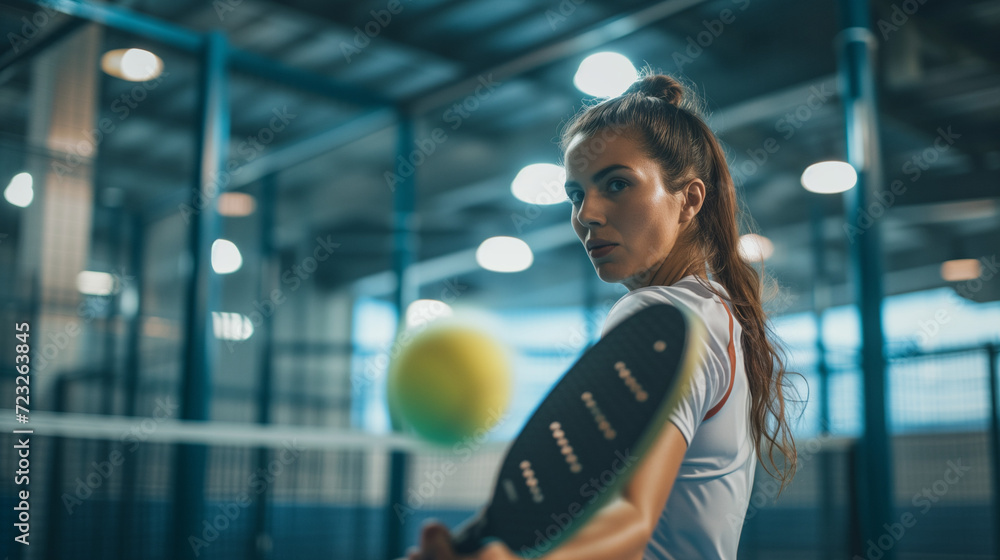 Foto de Dedicated Female Padel Pickleball Player Engaged in a ...