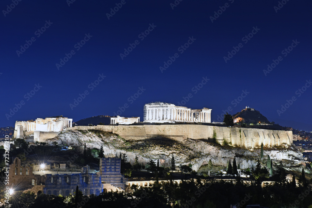 Panorama of Acropolis hill at night, Athens, Greece. Famous old ...