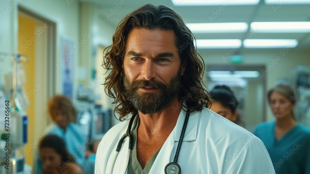In a modern hospital, Jesus takes on the role of a healer, wearing a ...