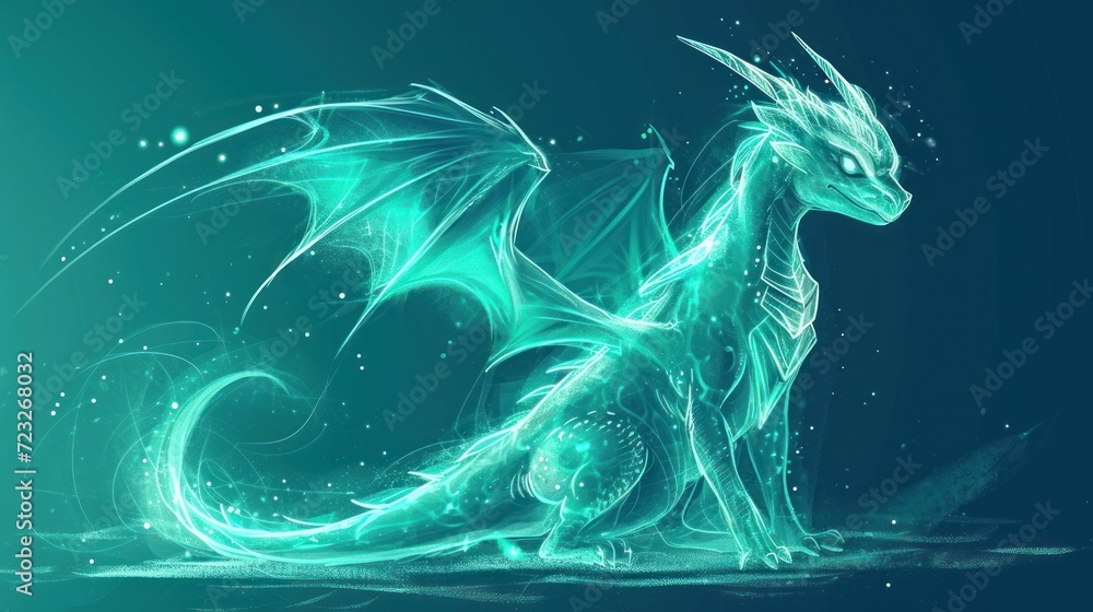 a digital painting of a dragon sitting on the ground in front of a blue ...