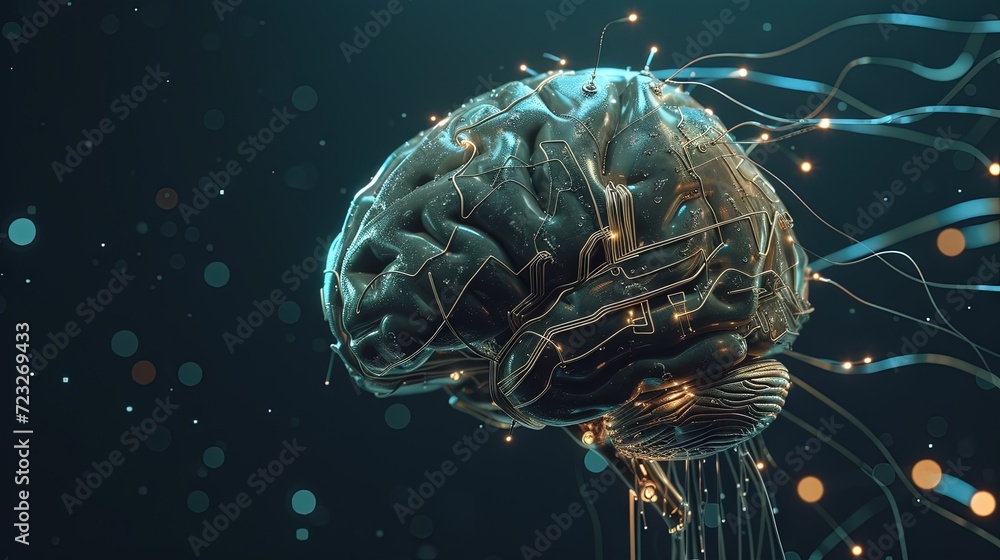 Artificial intelligence concept with human brains hooked to wires and ...