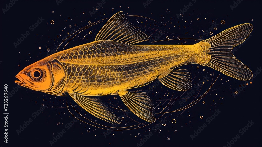 a drawing of a goldfish on a black background with bubbles of water and ...