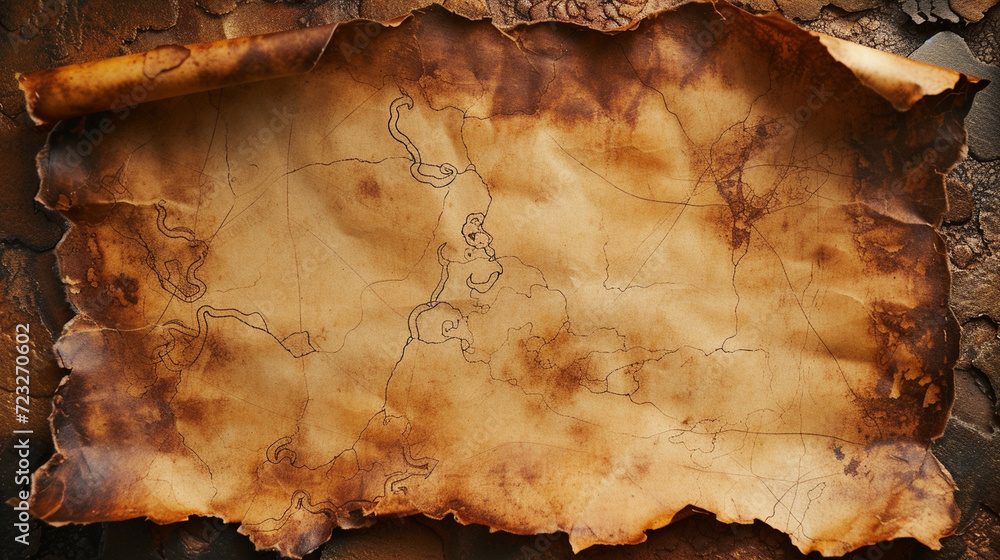 A parchment paper with burnt edges, evoking a sense of adventure and ...