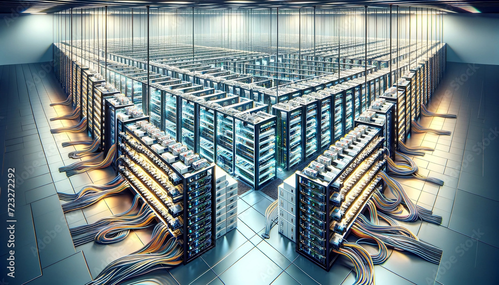 Visualize an expansive, horizontal view of a vast data center dedicated ...