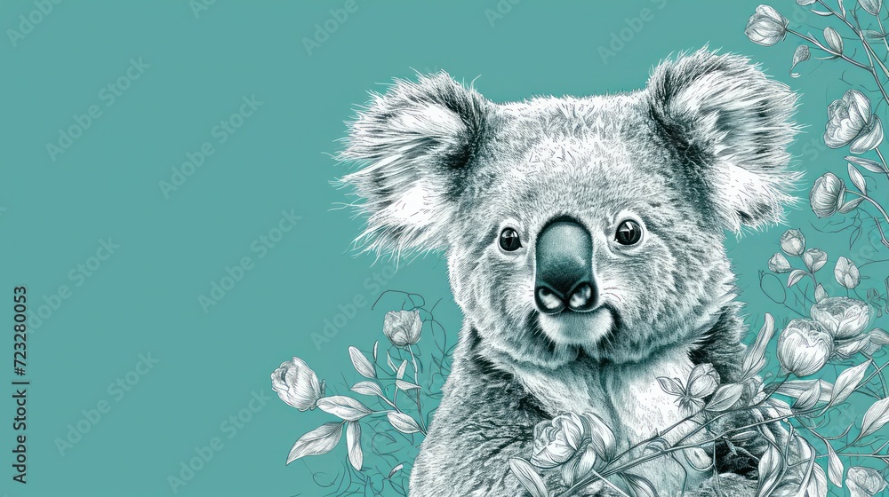 a drawing of a koala sitting in a tree with white flowers on it's head ...