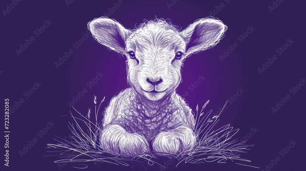 a drawing of a lamb sitting in the grass looking at the camera with a ...