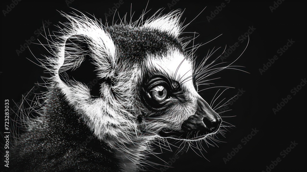 a black and white drawing of a small animal's face with long, spiky ...