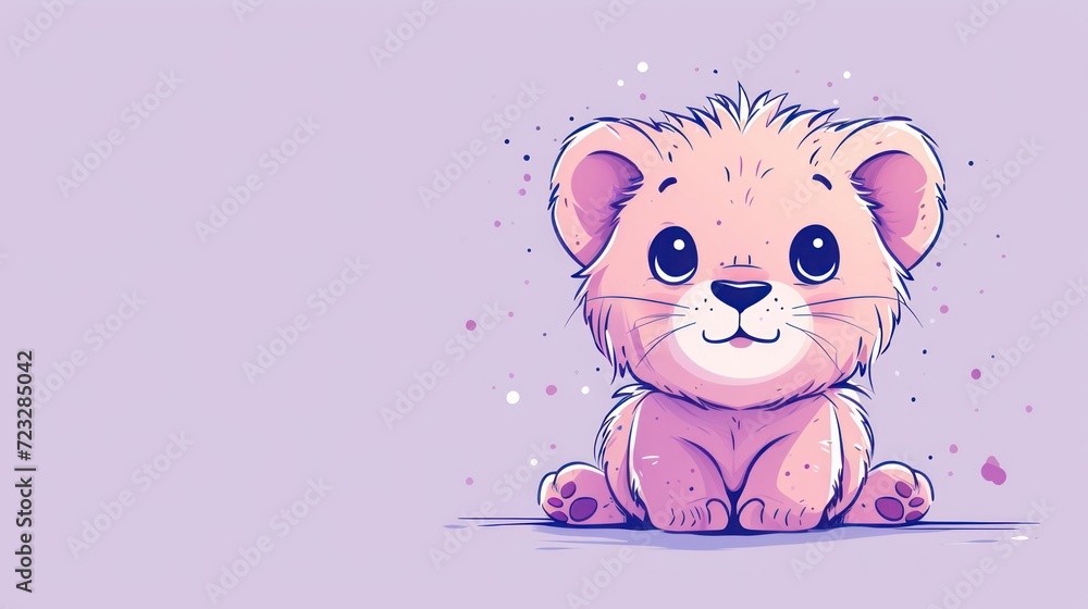 a little lion cub sitting down on a purple background with a pink ...