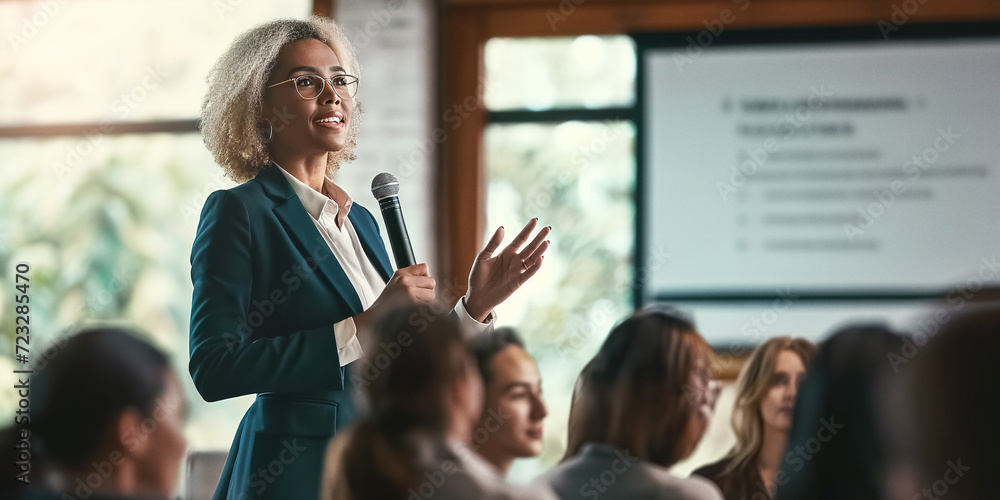A poised woman in professional attire commands the room as she ...
