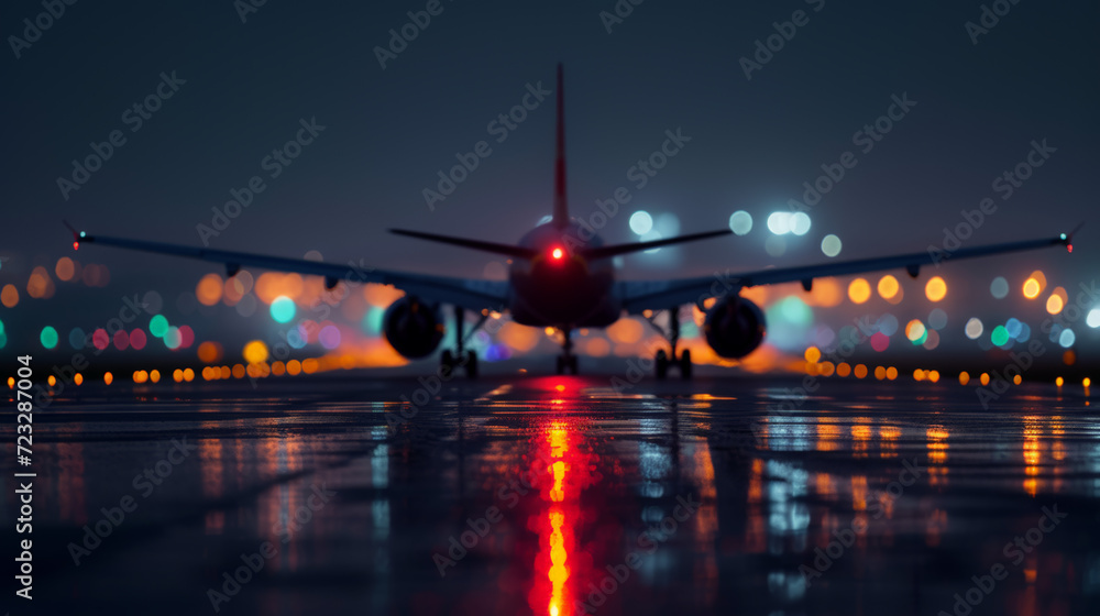 Avion de ligne biréacteur vue de dos aligné sur la piste d’atterrissage ...