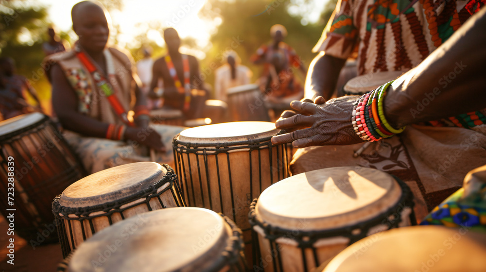 A traditional African drum circle with various percussion instruments ...