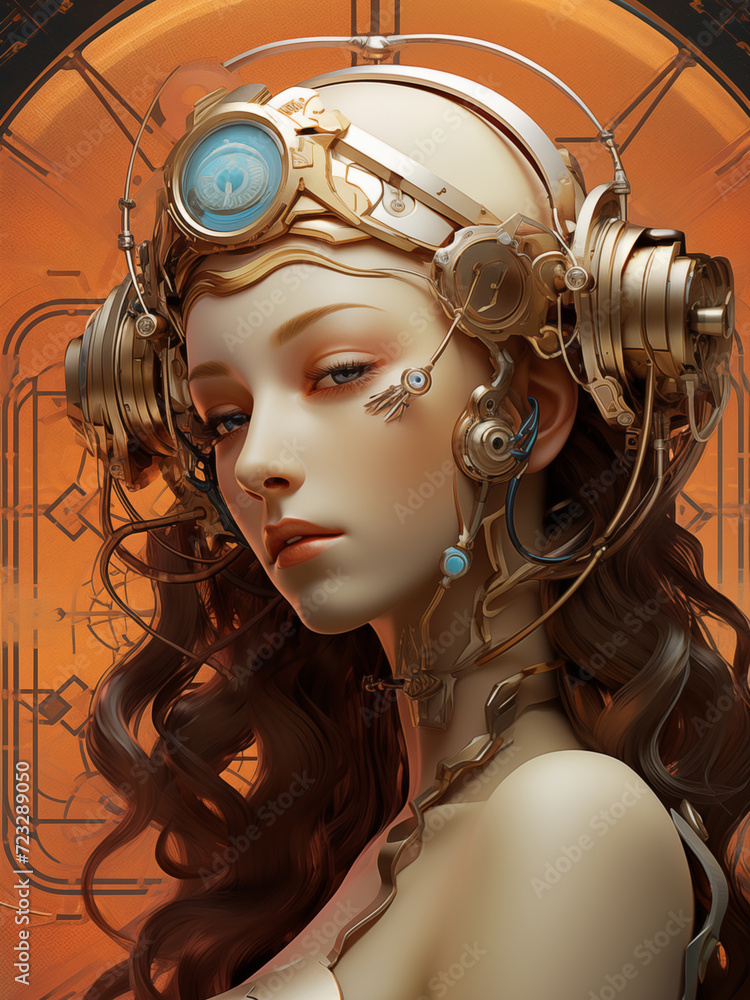 Beautiful Art Nouveau style portrait of steampunk Cyber Girl robot ...