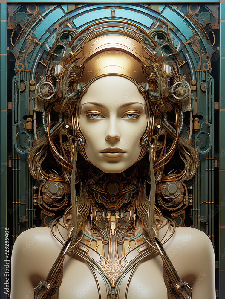 Beautiful Art Nouveau style portrait of steampunk Cyber Girl robot ...