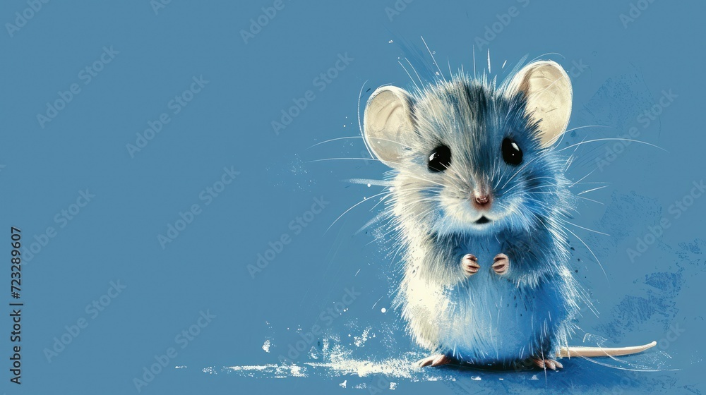 a painting of a blue and white mouse on a light blue background with a ...
