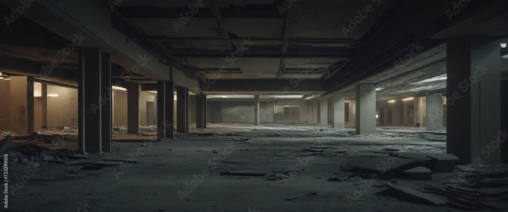 Inside a dark and dim abandond building or shopping mall. Dark and dim ...