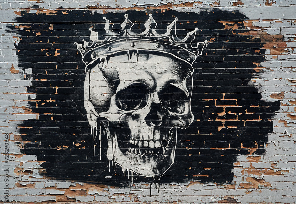 Graffiti of skull on brick wall. Skeleton of head in crown with spray ...