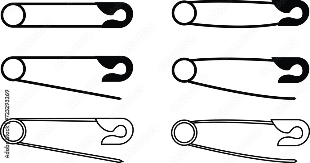 Safety pin. Opened and closed pin set. pierced and clipping path sign. Vector icon. Open and ...
