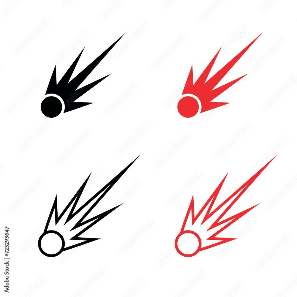 Set of explosion, spark or comet icons. Fire from a rocket engine or a ...