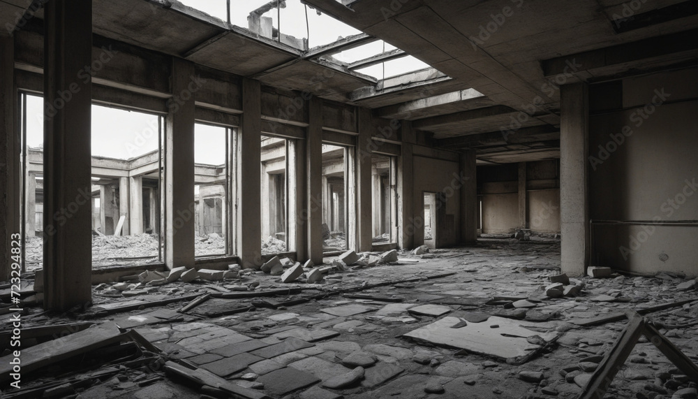 Inside a dark and dim abandoned or destroyed building. Crumbling ...