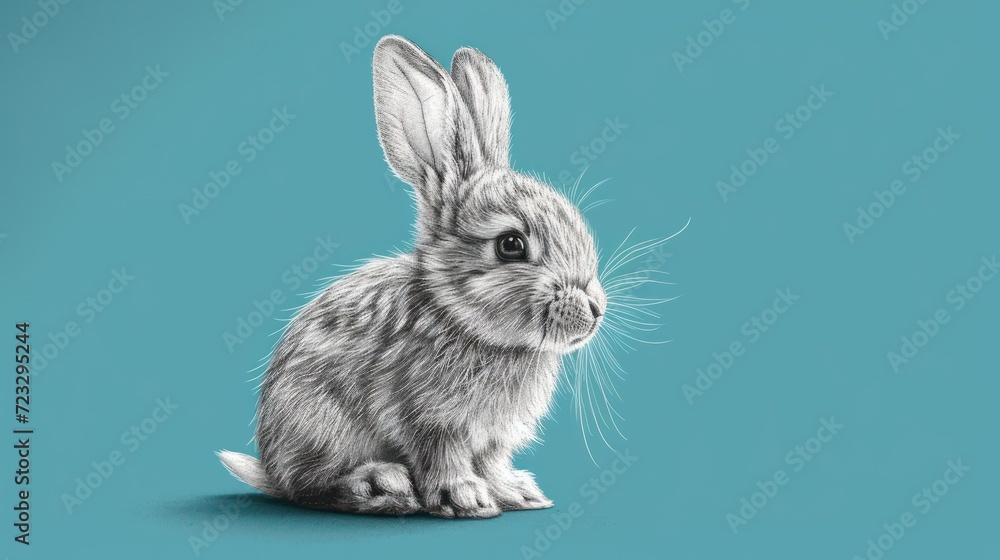 a black and white photo of a rabbit on a teal background with a shadow ...