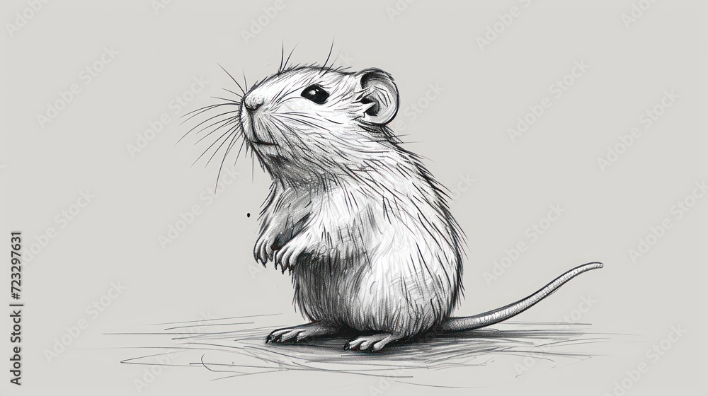 a black and white drawing of a rat sitting on its hind legs with its ...