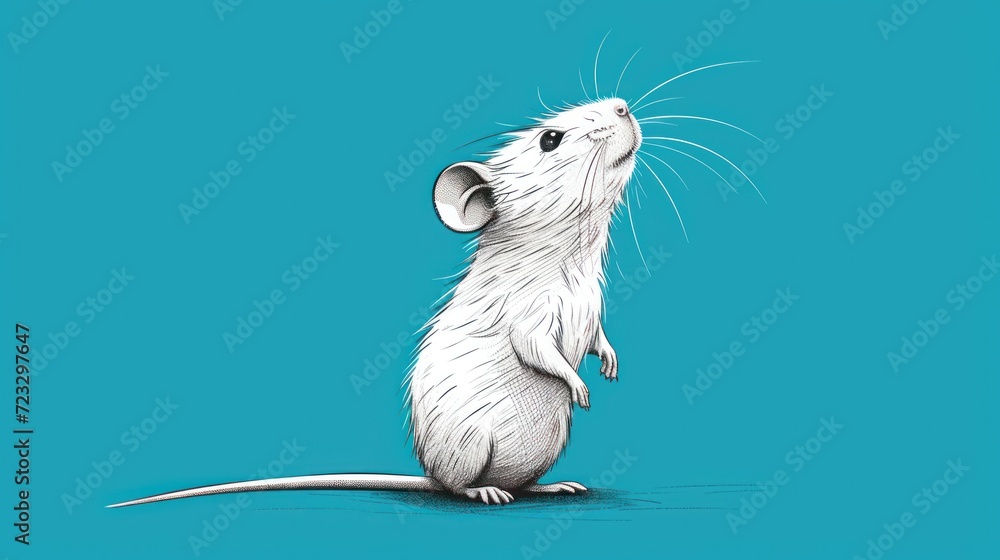 a white rat sitting on its hind legs on a blue background, with its ...