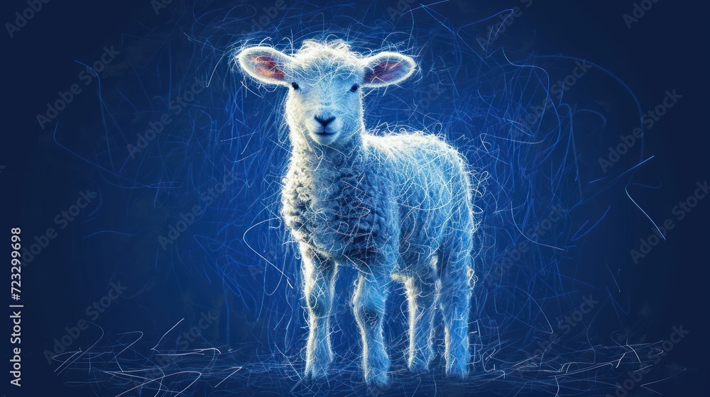 a painting of a sheep standing on a blue background with lines coming ...
