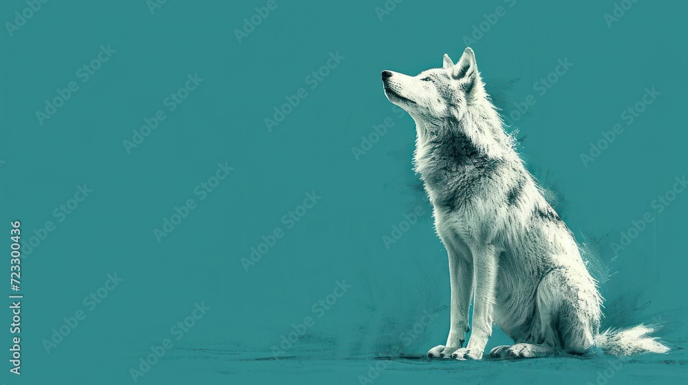 a white wolf sitting on the ground with its head turned to the side ...