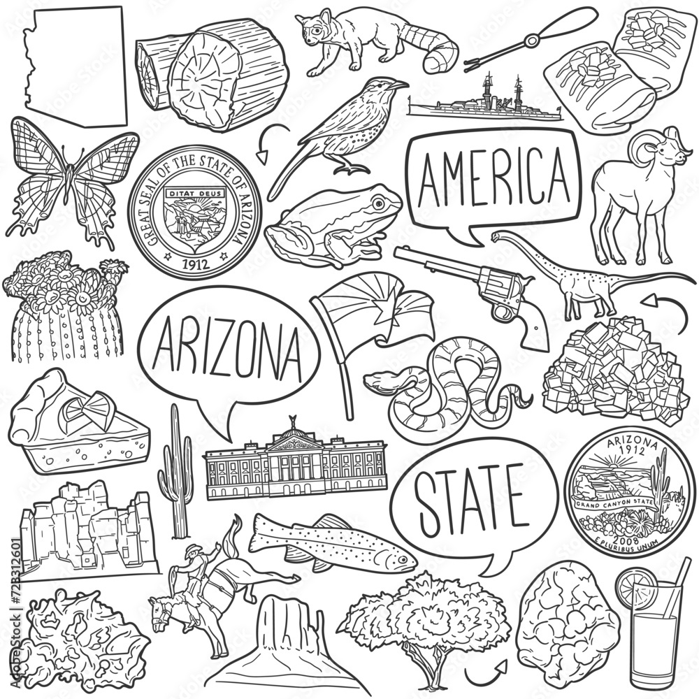 Arizona State Doodle Icons Black and White Line Art. United States ...
