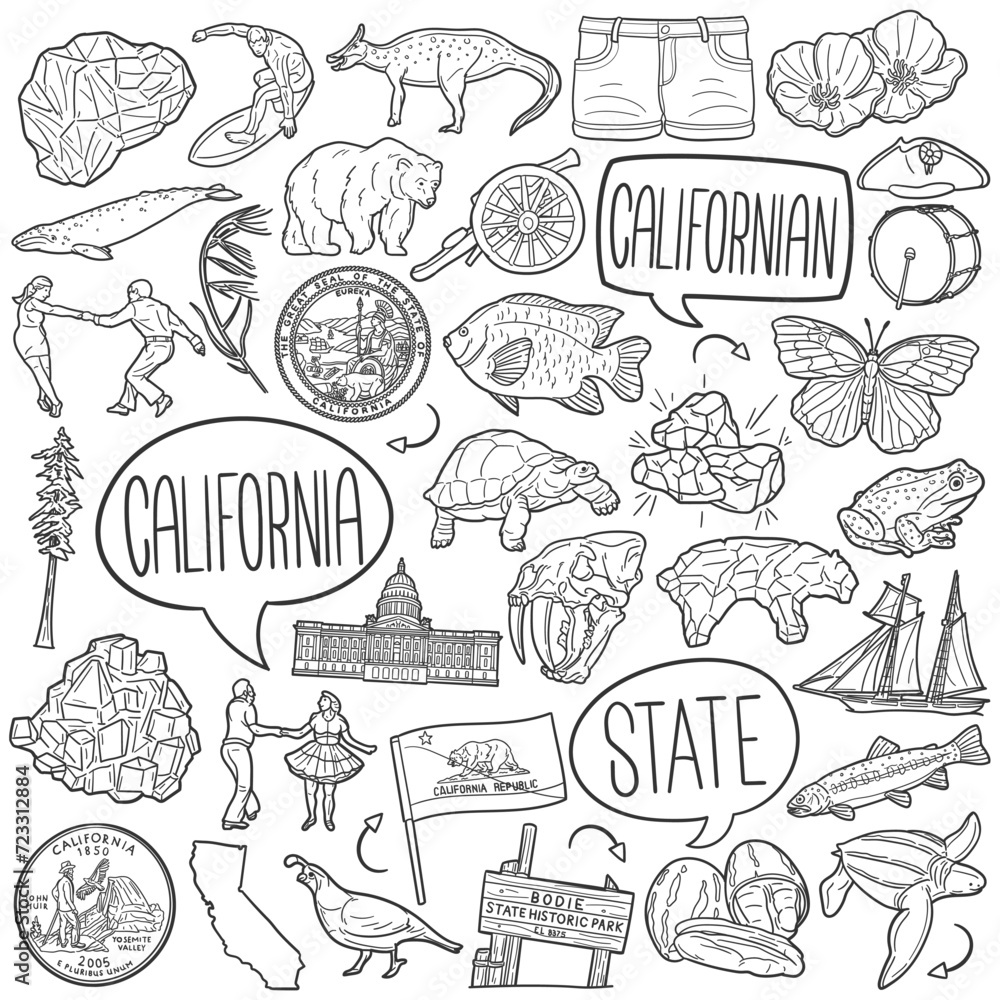 California State Doodle Icons Black and White Line Art. Californian ...