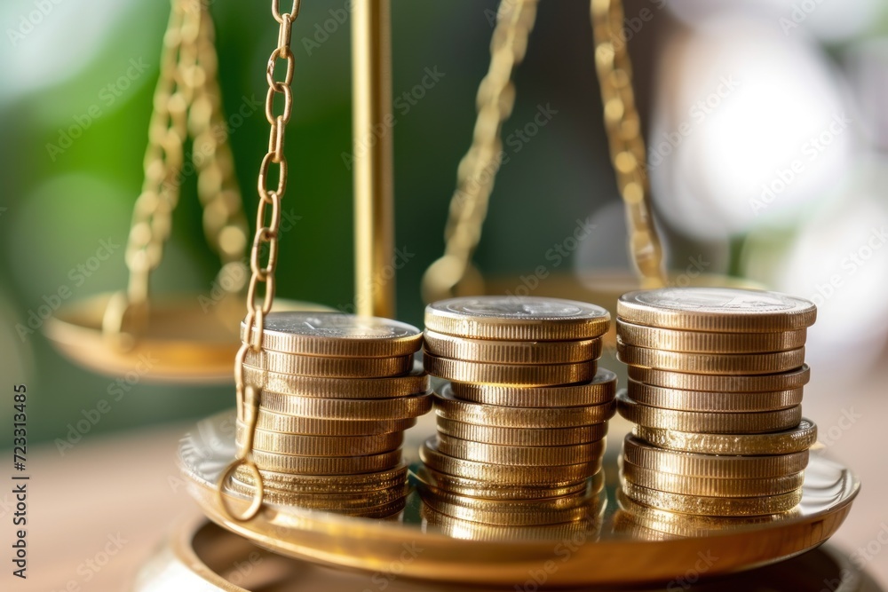 Coins stack with balance scale Saved money financial plan time value ...