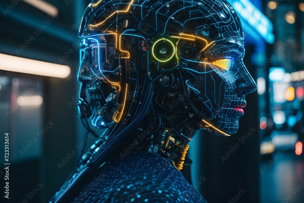 Side view of a humanoid head with blue and yellow eyes and vibrant neon ...