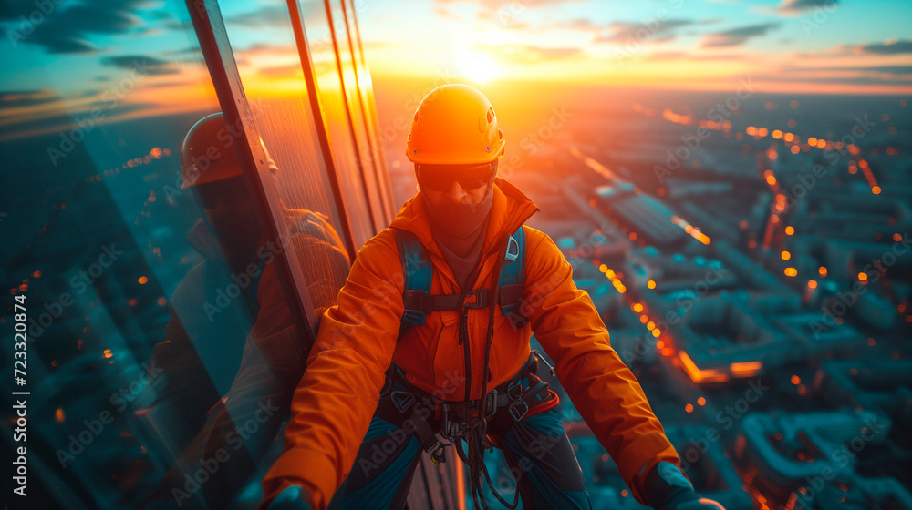 Worker in hard hat and safety uniform with harness taking a selfie on ...