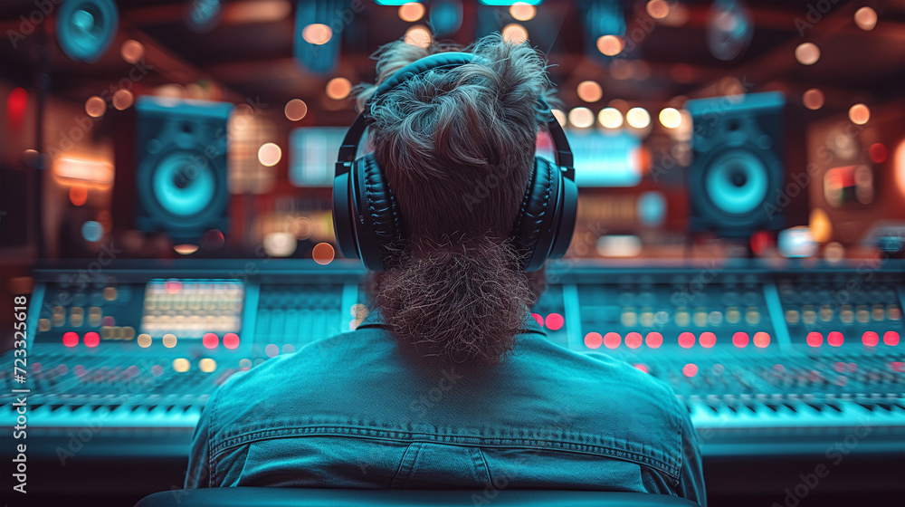 Horizontal poster of a guy listen to music in the recording studio ...