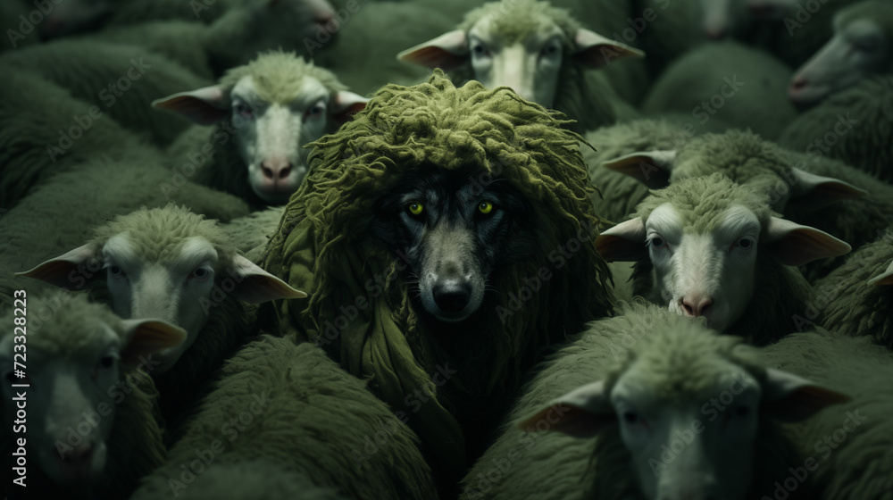 Wolf zwischen Schafen in Schafherde. Konzept: Sprichwort "Wolf im ...