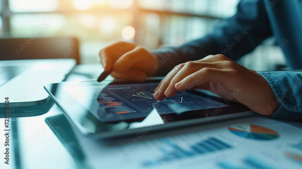 hands analyzing charts and graphs on a digital tablet, with intricate details on the tablet ...
