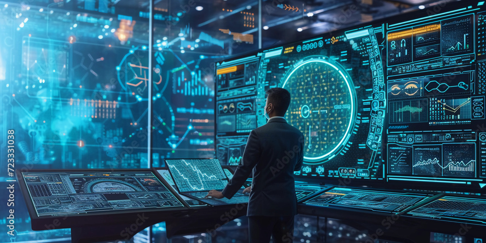 risk manager analyzing a complex network of risks on a virtual ...