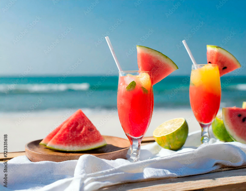 Tropical watermelon cocktails on a paradise beach. Table set facing the ...