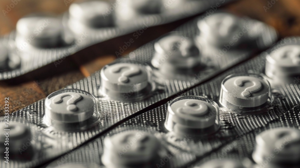 Question Mark Imprinted Tablets in Blister Pack. Close-up image of a ...