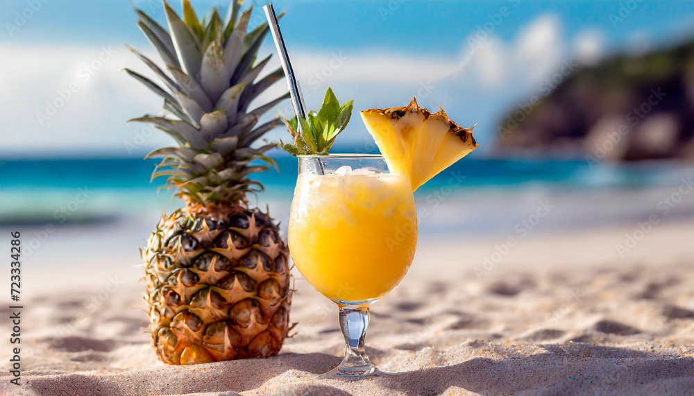 Tropical pineapple cocktails on a paradise beach. Directly on the sand ...