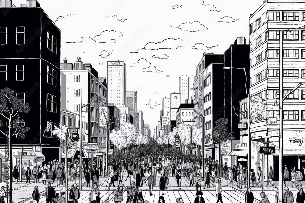 Black and white illustration of a somewhere big city. Crowded city and ...