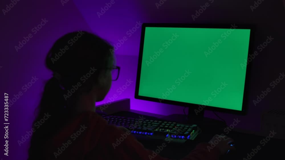 Girl of Green Screen Display PC at Desk in Home at Night. Desktop PC ...