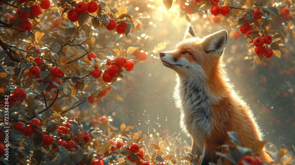 a fox standing in front of a tree with red berries on it's branches and ...