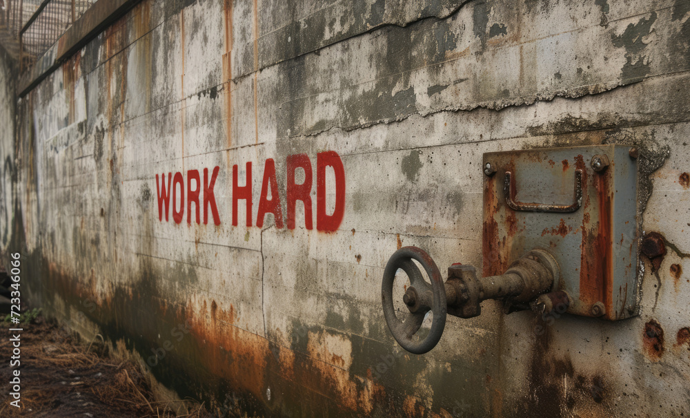 Generative AI, Motivational words Work Hard on the grey rough concrete ...